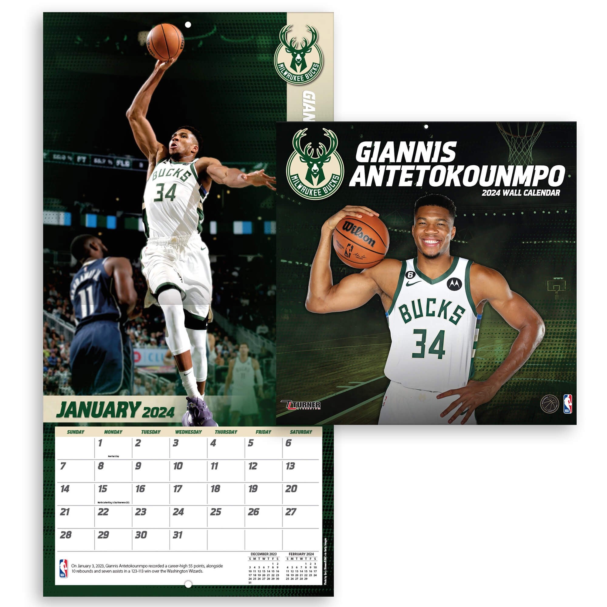 TURNER SPORTS NBA 2024 (30x60 cm) WALL CALENDAR MILWAUKEE BUCKS GIANNI ...